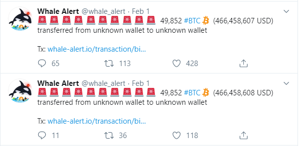 Nearly $1 Bln in Bitcoin (BTC) Sent Between Anonymous Wallets: Whale Alert